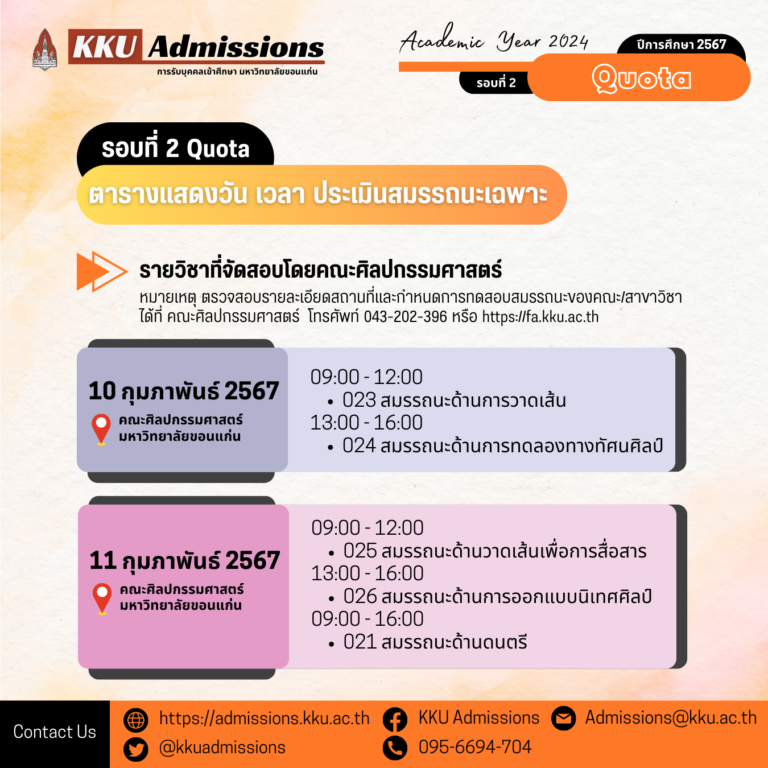รอบที่ 2 Quota: การประเมินสมรรถนะเฉพาะ มข. ประจำปีการศึกษา 2567 – KKU Admissions