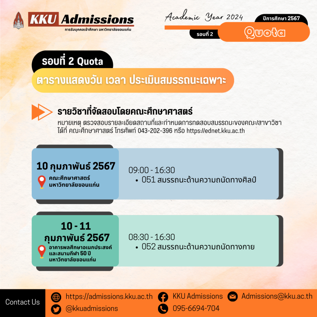 รอบที่ 2 Quota: การประเมินสมรรถนะเฉพาะ มข. ประจำปีการศึกษา 2567 – KKU Admissions