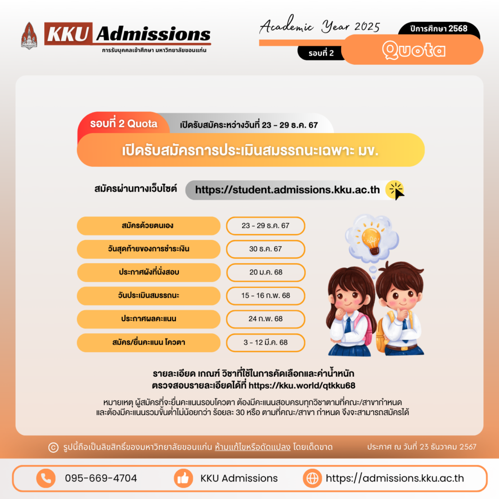 รอบที่ 2 Quota: เปิดรับสมัครการประเมินสมรรถนะเฉพาะ มข. ประจำปีการศึกษา 2568 – KKU Admissions